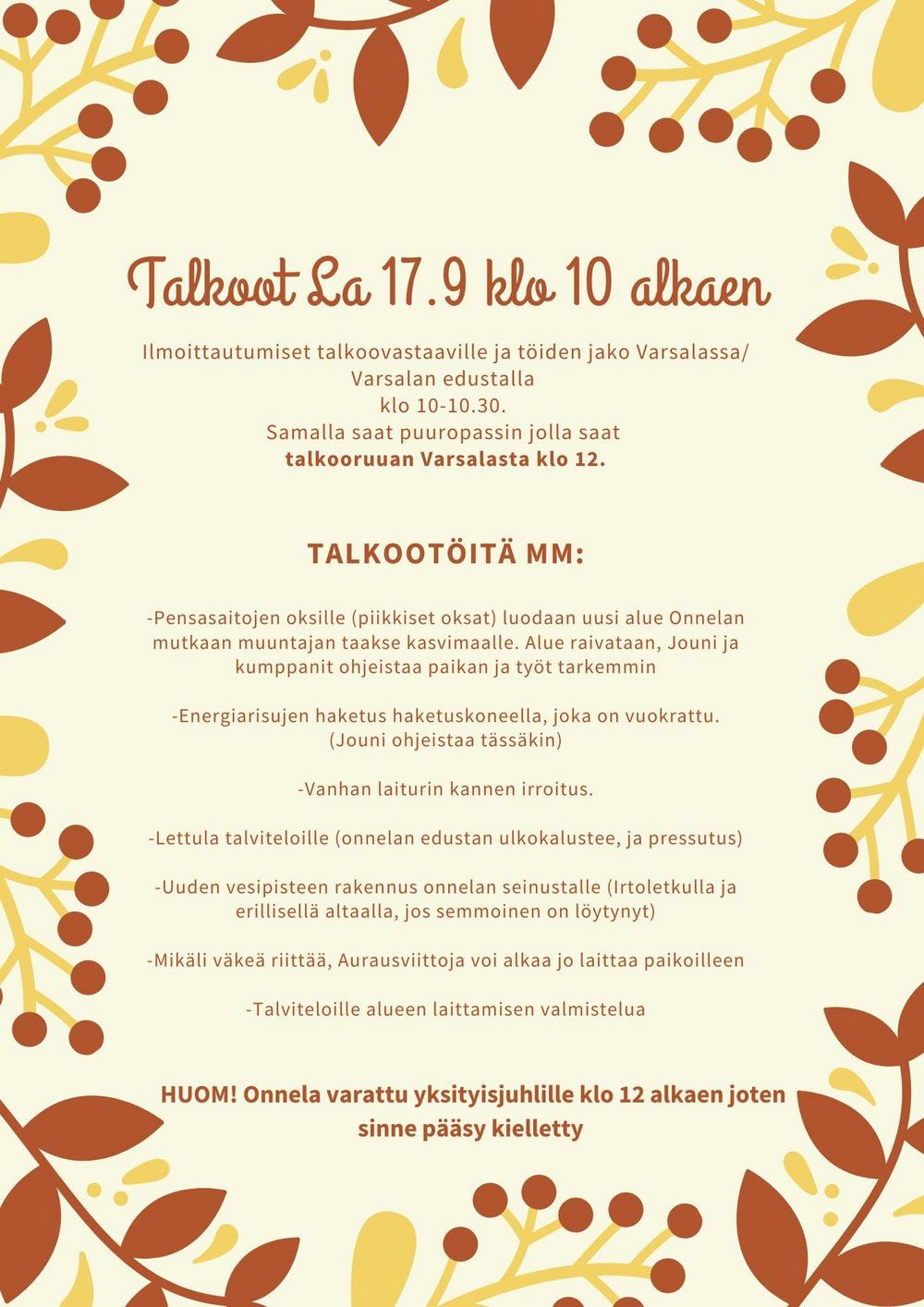 TALKOOT LA 17.9 KLO 10 alkaen - Kolmisopen ryhmäpuutarhayhdistys Ry